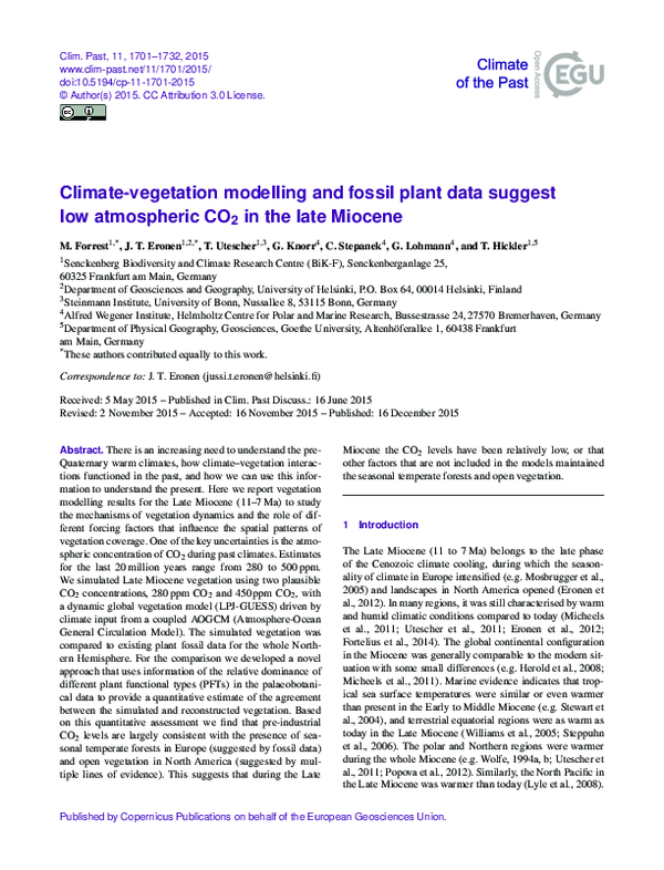 (PDF) Climate–vegetation modelling and fossil plant data suggest low ...