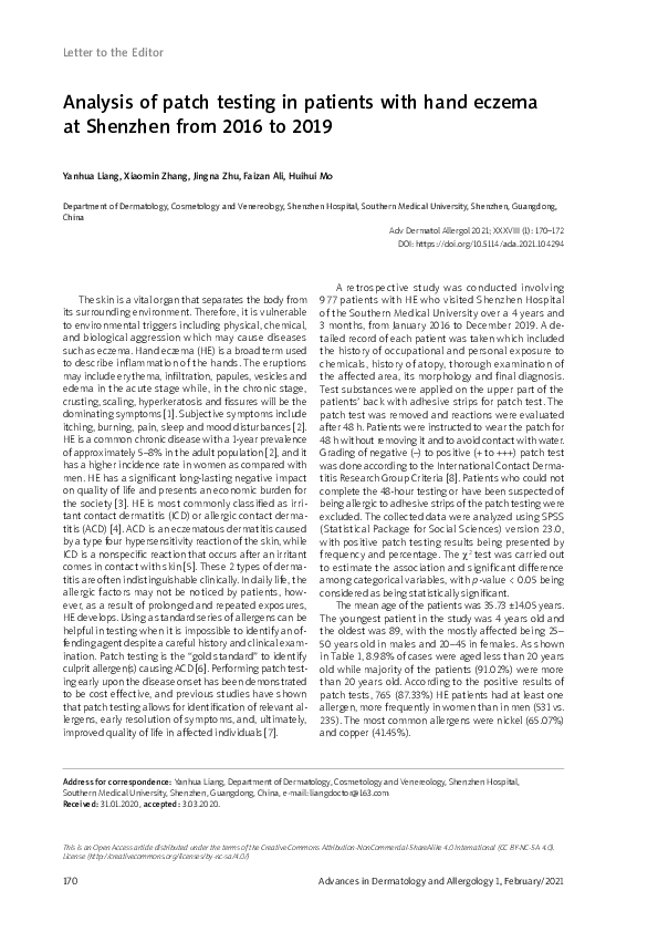 (PDF) Analysis of patch testing in patients with hand eczema at ...