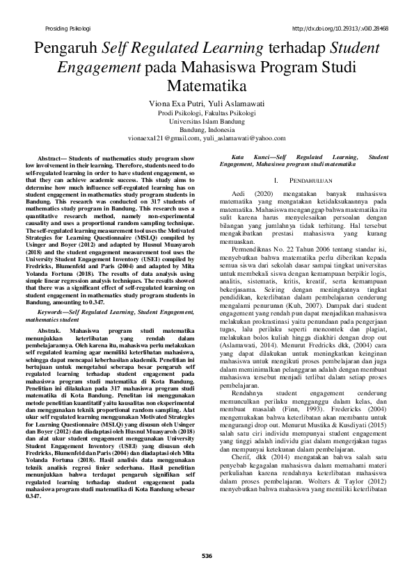(PDF) Pengaruh Self Regulated Learning Terhadap Student Engagement Pada Mahasiswa Program Studi ...