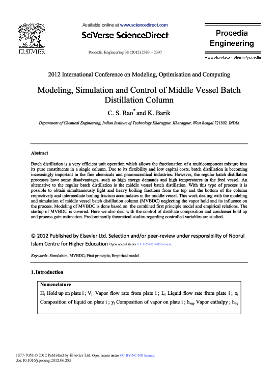 (PDF) Modeling, Simulation and Control of Middle Vessel Batch Distillation Column | Kashinath ...