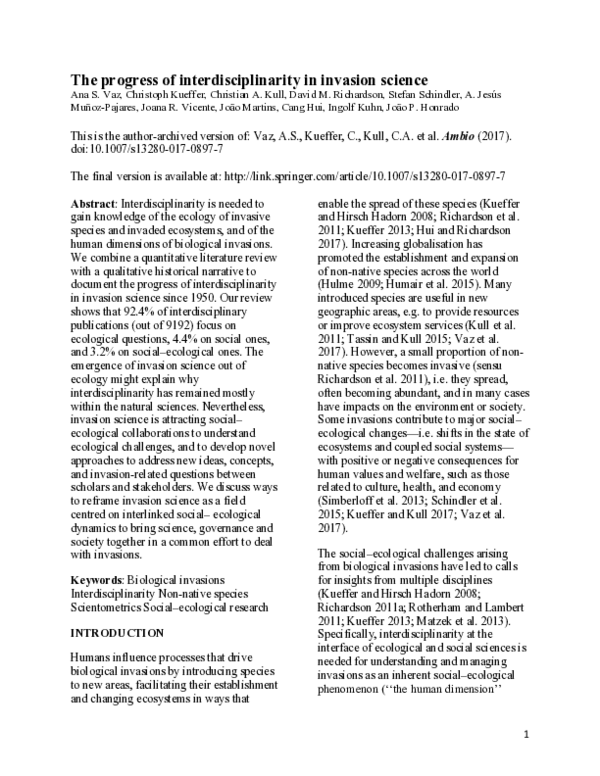 (PDF) The progress of interdisciplinarity in invasion science | Cang ...