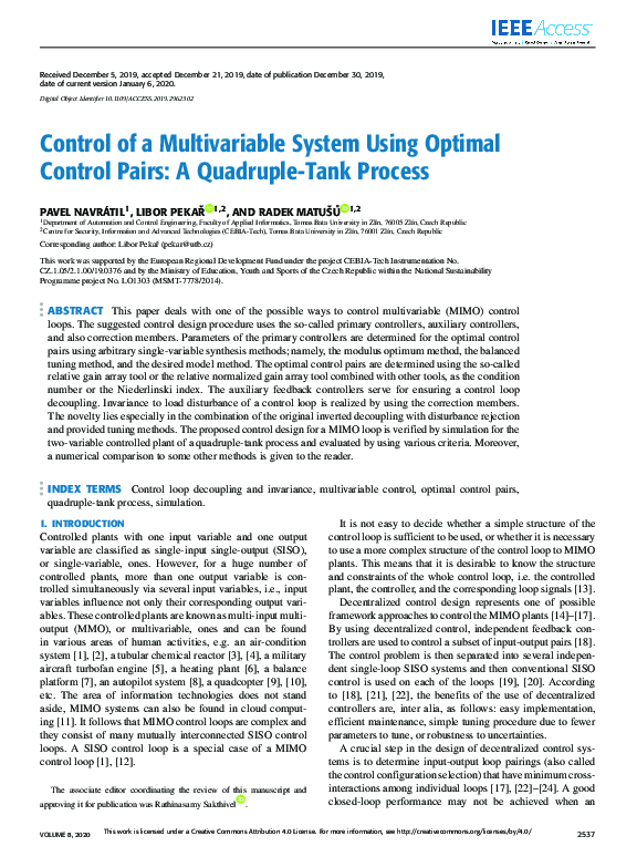 (PDF) Control of a Multivariable System Using Optimal Control Pairs: A Quadruple-Tank Process ...