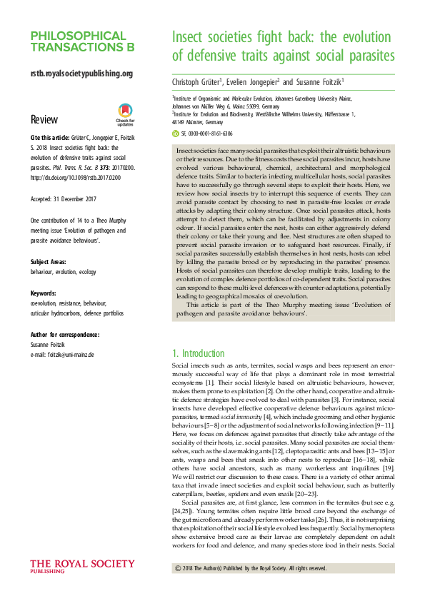 (PDF) Insect societies fight back: the evolution of defensive traits ...