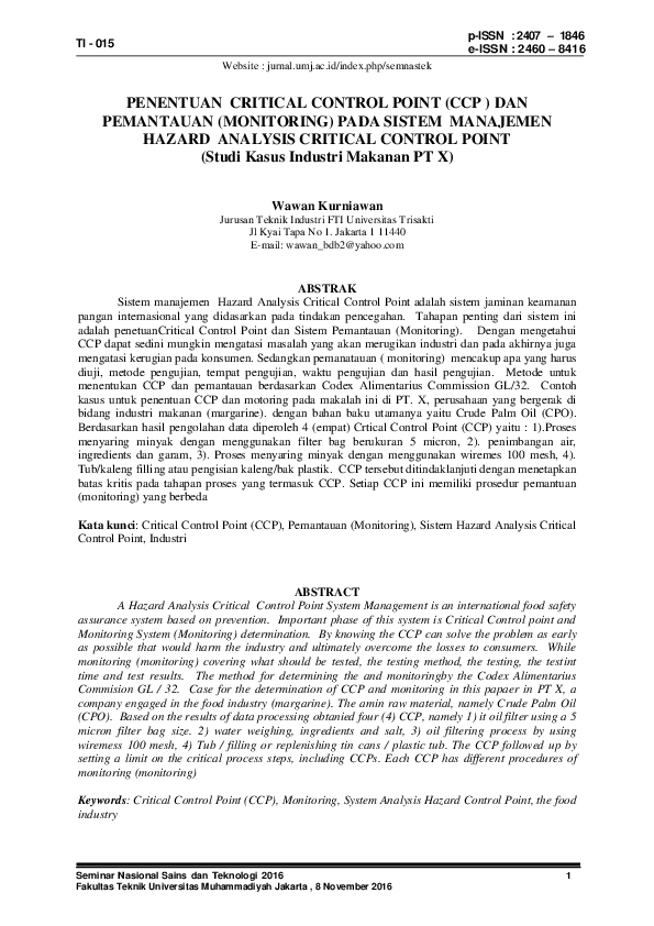 (PDF) PENENTUAN CRITICAL CONTROL POINT (CCP ) DAN PEMANTAUAN ...