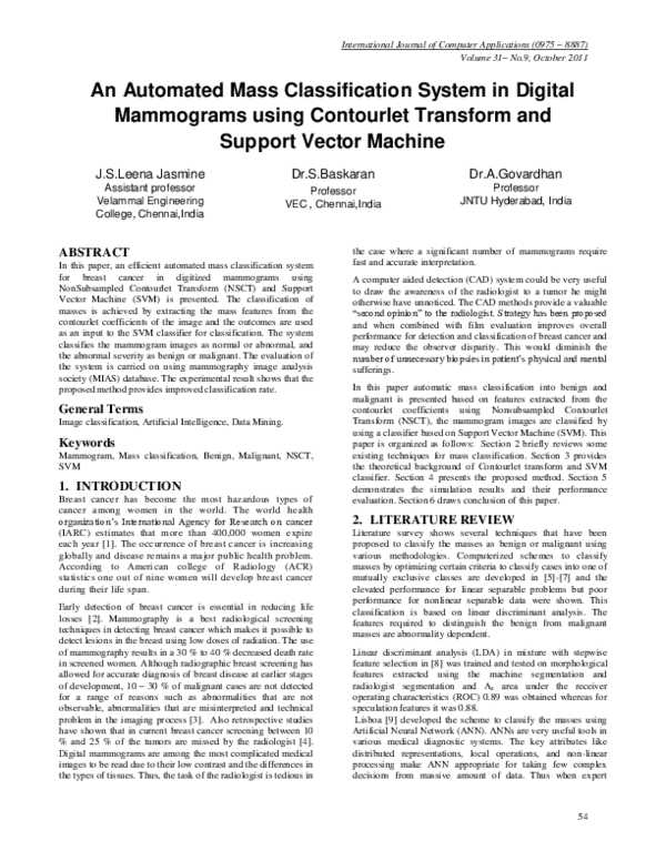 Pdf An Automated Mass Classification System In Digital Mammograms Using Contourlet Transform