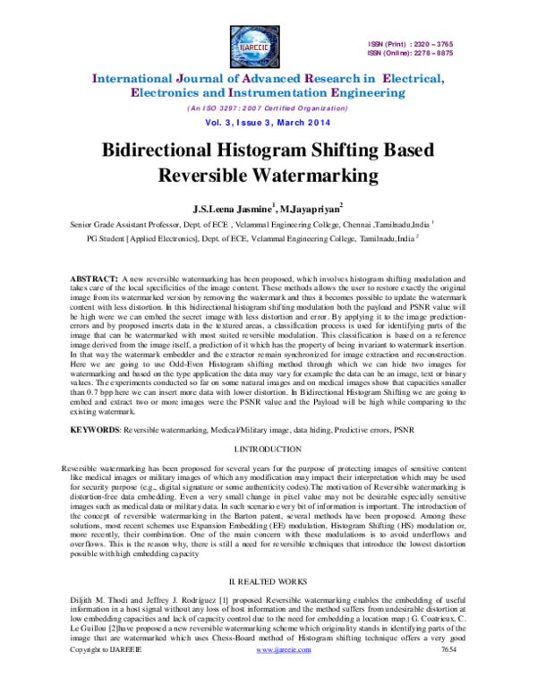 (PDF) Bidirectional Histogram Shifting Based Reversible Watermarking using Odd-Even Histogram ...
