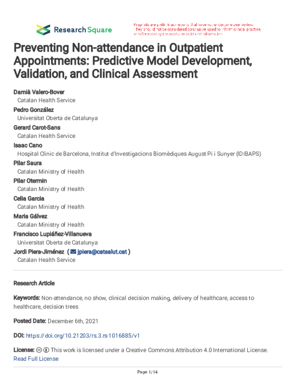 (PDF) Preventing non-attendance in outpatient appointments: predictive model development ...