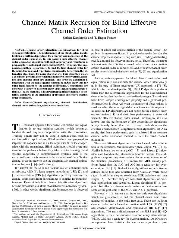 (PDF) Channel Matrix Recursion for Blind Effective Channel Order Estimation