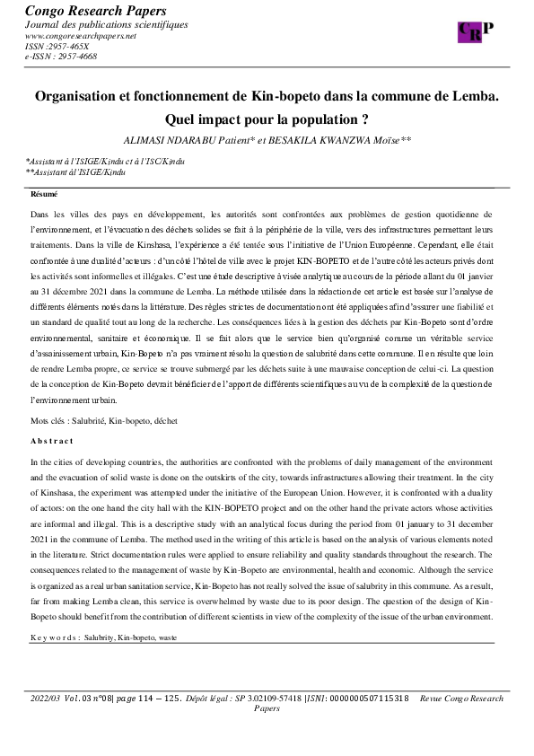 (PDF) Organisation et fonctionnement de Kin-bopeto dans la commune de ...