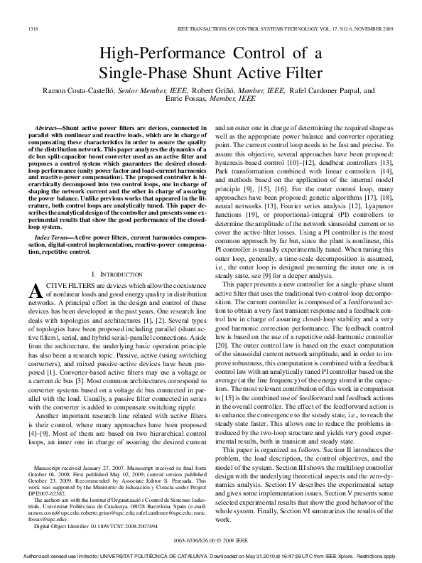 (PDF) High-Performance Control of a Single-Phase Shunt Active Filter | Roberto Griñó - Academia.edu