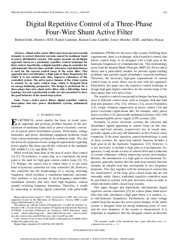 (PDF) Digital Repetitive Control of a Three-Phase Four-Wire Shunt Active Filter
