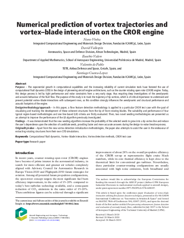 (PDF) Numerical prediction of vortex trajectories and vortex–blade interaction on the CROR engine