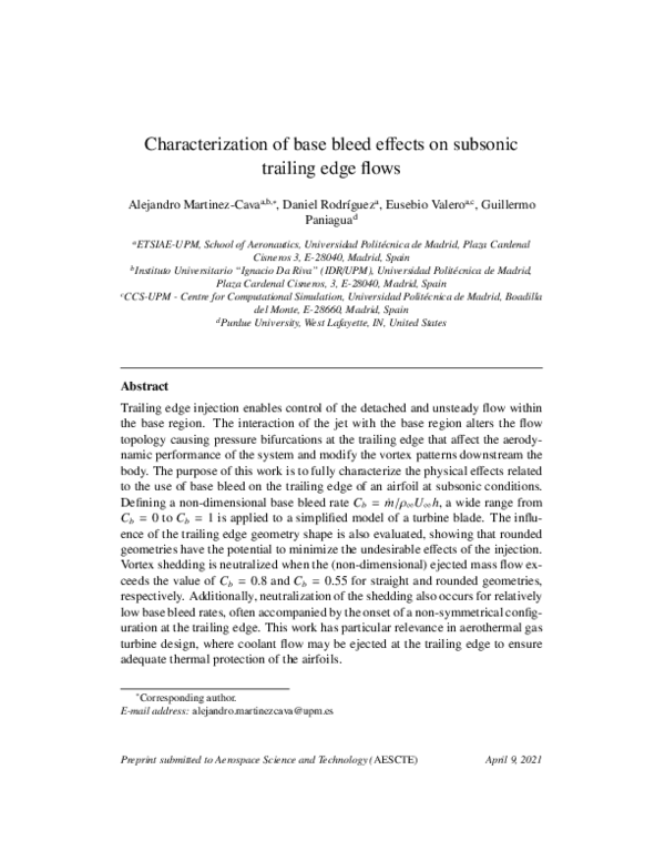 (PDF) Characterization of base bleed effects on subsonic trailing edge flows