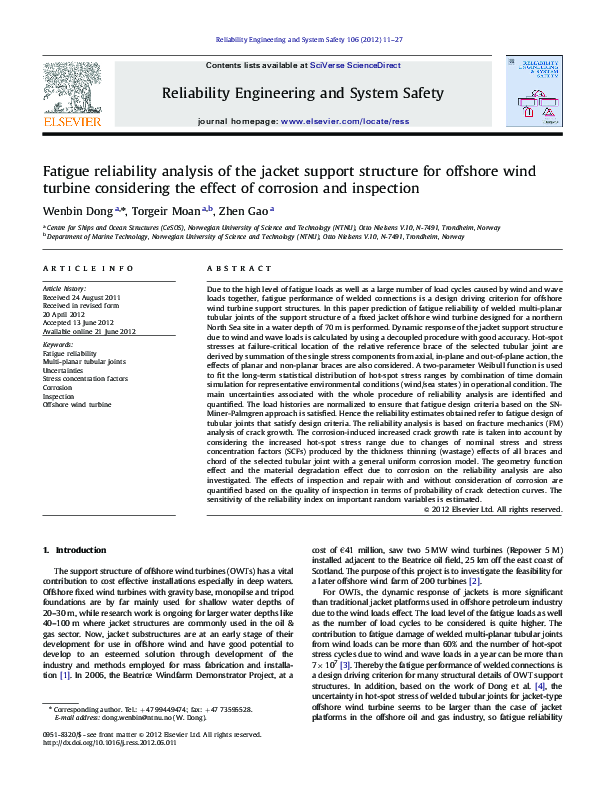 (PDF) Fatigue reliability analysis of the jacket support structure for offshore wind turbine ...