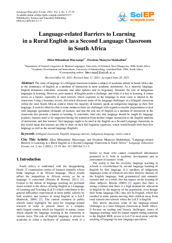 (PDF) Language-related Barriers to Learning in a Rural English as a ...
