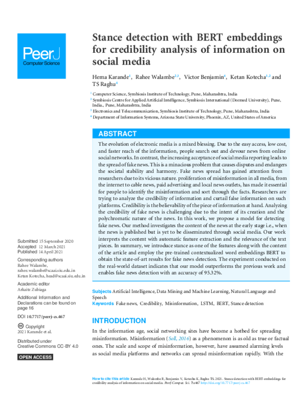 Pdf Stance Detection With Bert Embeddings For Credibility Analysis Of Information On Social Media