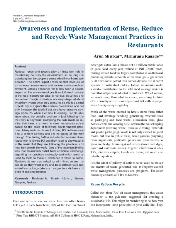 (PDF) Awareness and Implementation of Reuse, Reduce and Recycle Waste ...