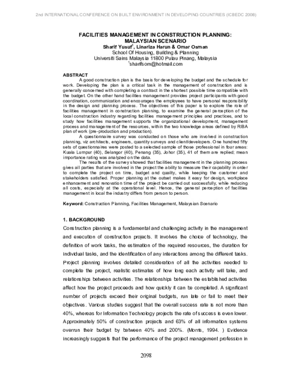 (PDF) Facilities Management in Construction Planning: Malaysian Scenario