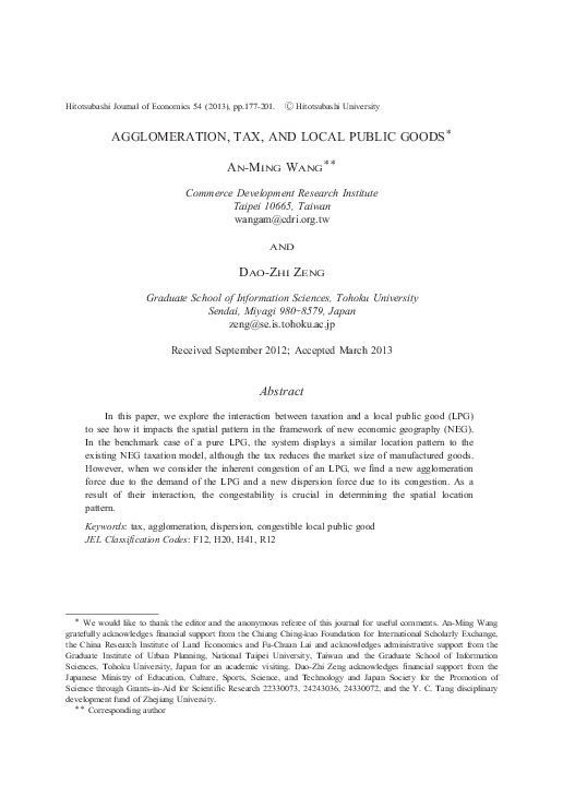 (PDF) Agglomeration, Tax, And Local Public Goods