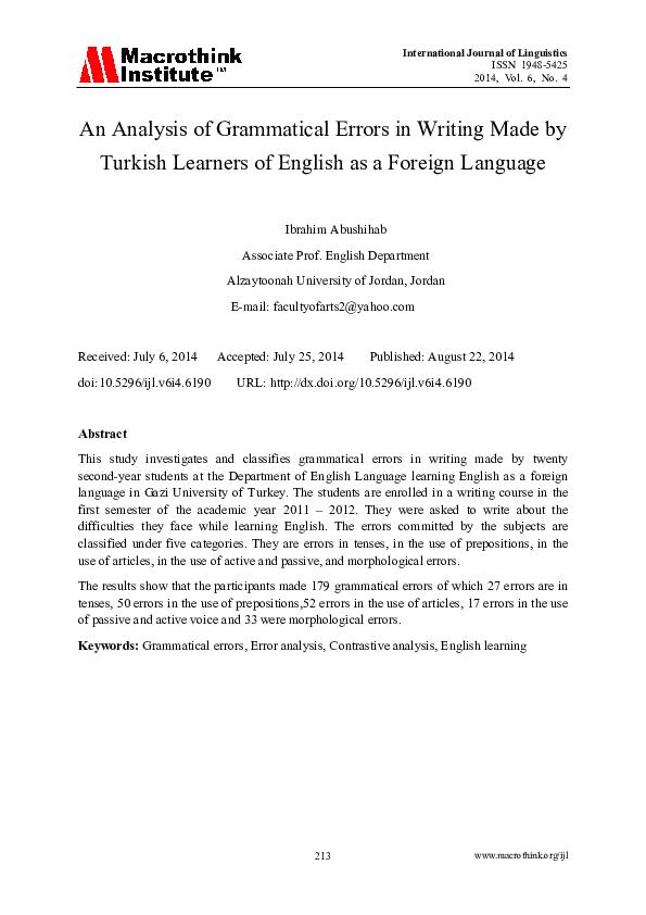 (PDF) An Analysis of Grammatical Errors in Writing Made by Turkish Learners of English as a ...