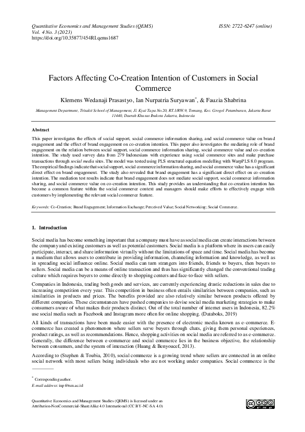 Factors affecting Co-Creation Intention of Customers in Social Commerce