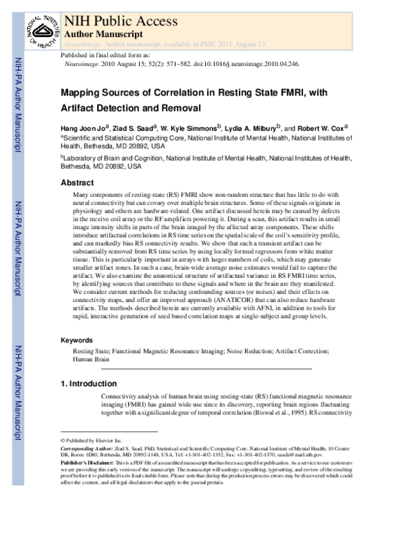 (PDF) Mapping sources of correlation in resting state FMRI, with artifact detection and removal