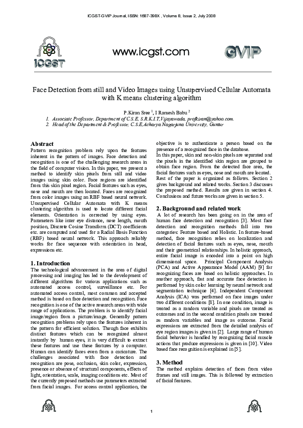 Pdf Face Detection From Still And Video Images Using Unsupervised Cellular Automata With K