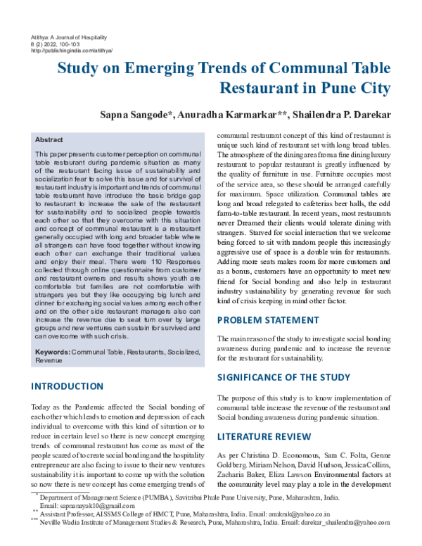 (PDF) Study on Emerging Trends of Communal Table Restaurant in Pune City
