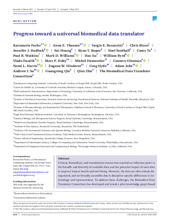 (PDF) Progress toward a universal biomedical data translator