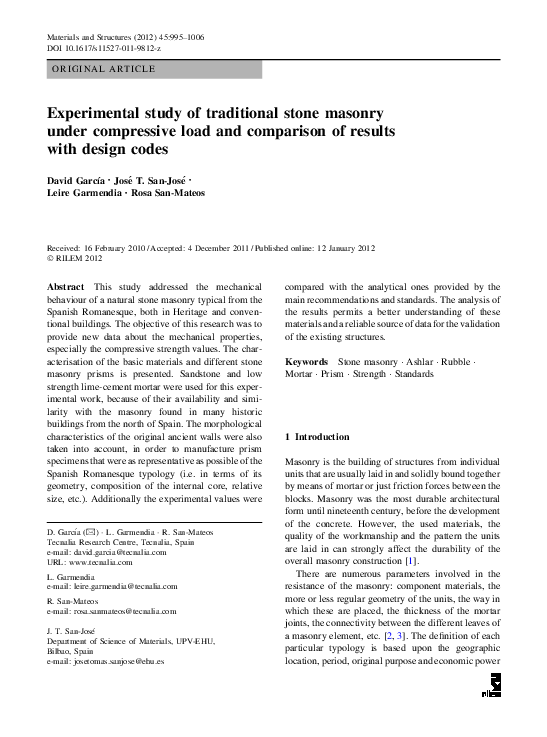 (PDF) Experimental study of traditional stone masonry under compressive ...