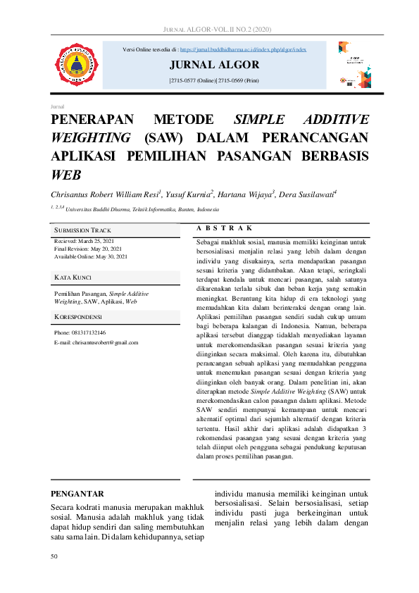(PDF) Penerapan Metode Simple Additive Weighting (Saw) Dalam Perancangan Aplikasi Pemilihan ...