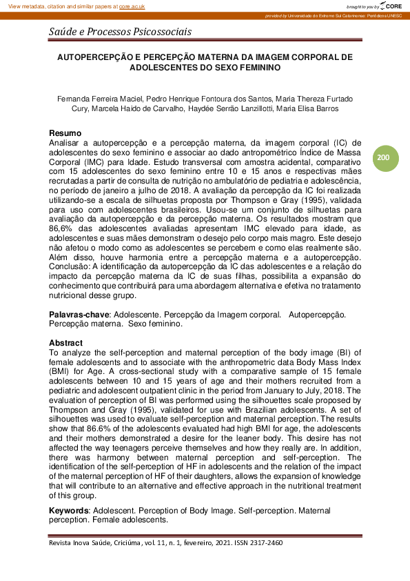 (PDF) Autopercepção e Percepção Materna Da Imagem Corporal De ...