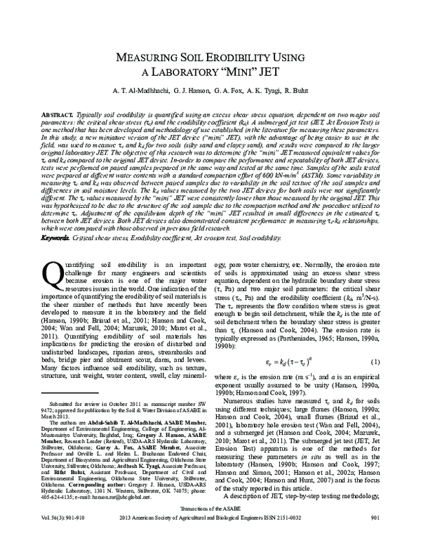(PDF) Measuring Soil Erodibility Using a Laboratory “Mini” JET