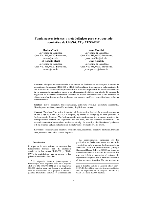 (PDF) Fundamentos teóricos y metodológicos para el etiquetado semántico de CESS-CAT y CESS-ESP