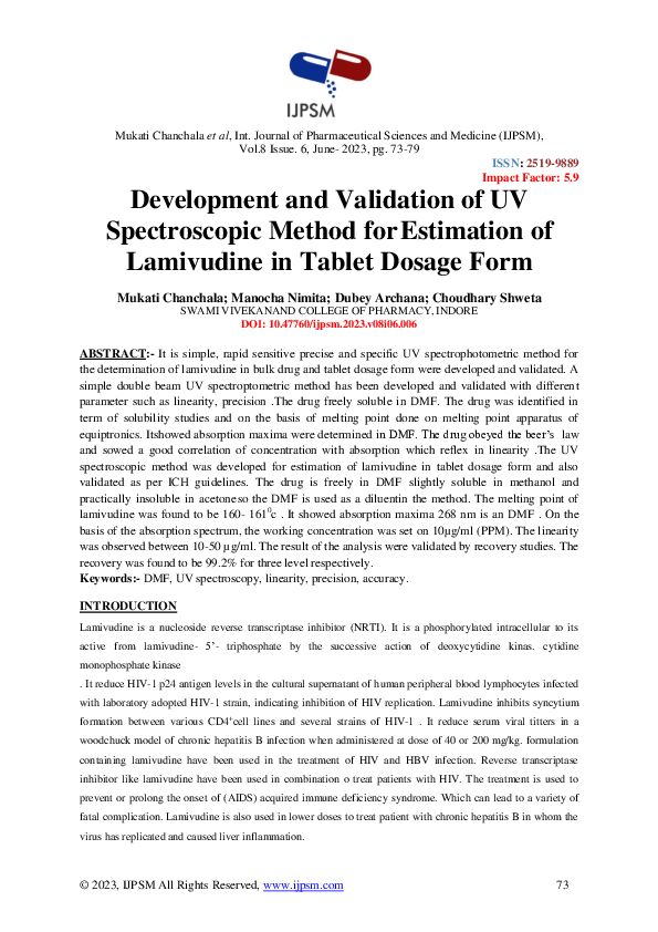 Pdf Development And Validation Of Uv Spectroscopic Method For Estimation Of Lamivudine In
