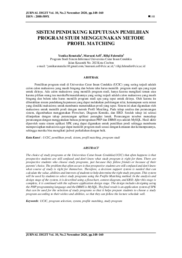 (PDF) Sistem Pendukung Keputusan Pemilihan Program Studi Menggunakan Metode Profil Matching
