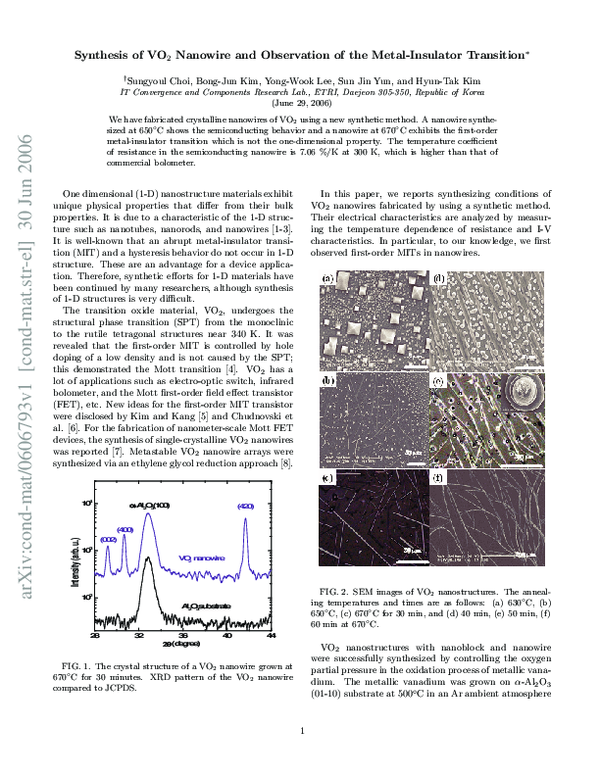 (PDF) Synethesis of VO2Nanowire and Observation of Metal–Insulator Transition