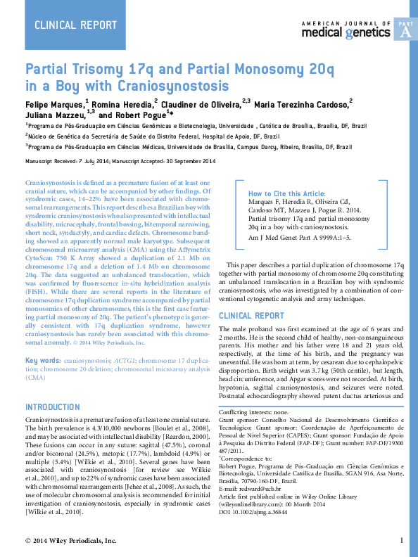 (PDF) Partial trisomy 17q and partial monosomy 20q in a boy with ...