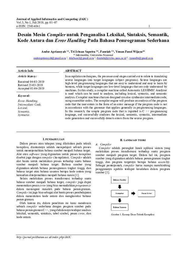 (PDF) Desain Mesin Compiler untuk Penganalisa Leksikal, Sintaksis, Semantik, Kode Antara dan ...