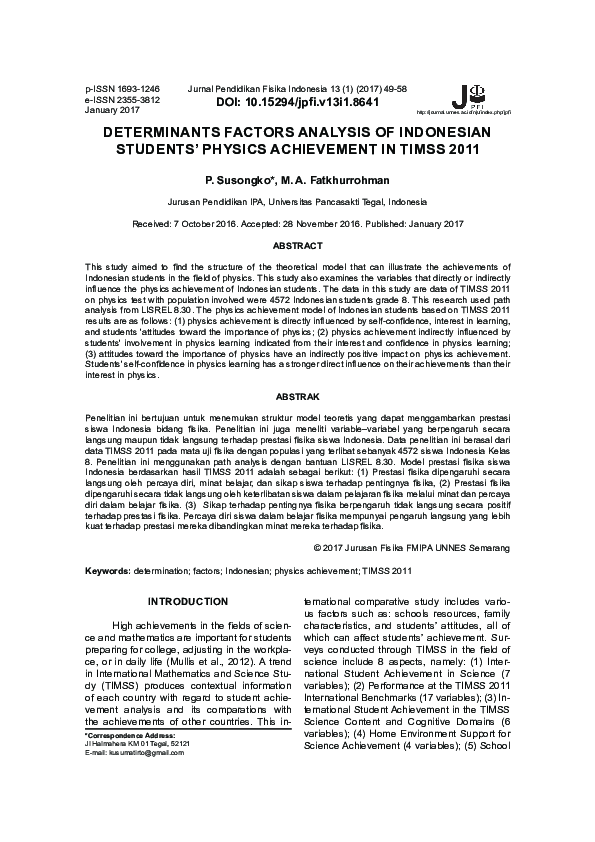 (PDF) Determinants Factors Analysis of Indonesian Students Physics Achievement in Timss 2011