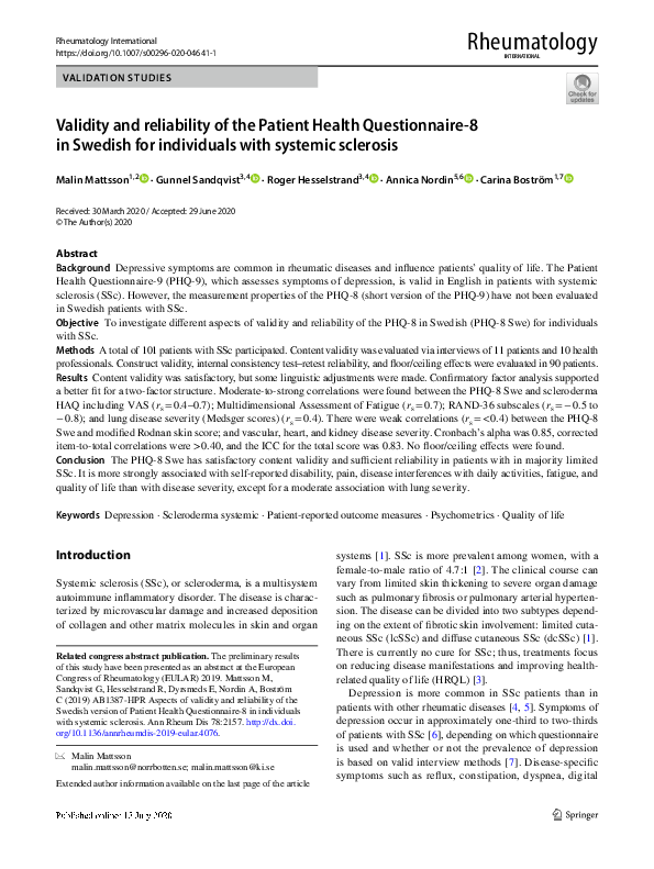 (PDF) Validity and reliability of Patient Health Questionnaire-9 and Patient Health ...