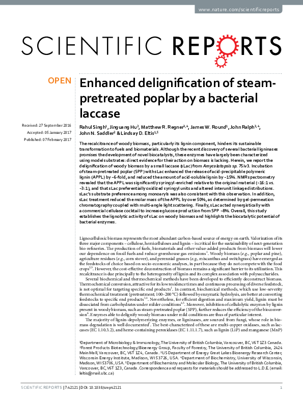 (PDF) Enhanced delignification of steam-pretreated poplar by a ...