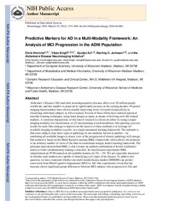 (PDF) Predictive markers for AD in a multi-modality framework: An analysis of MCI progression in ...