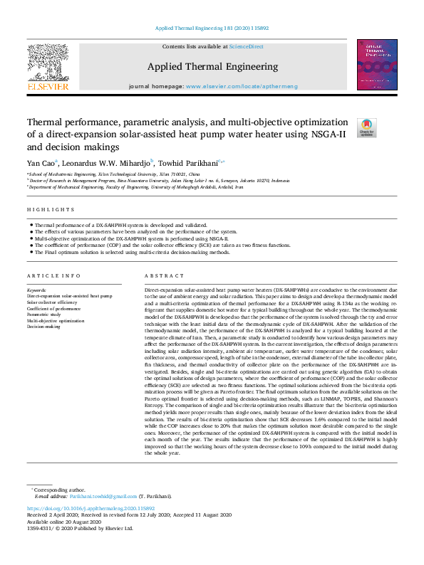 (PDF) Thermal performance, parametric analysis, and multi-objective optimization of a direct ...