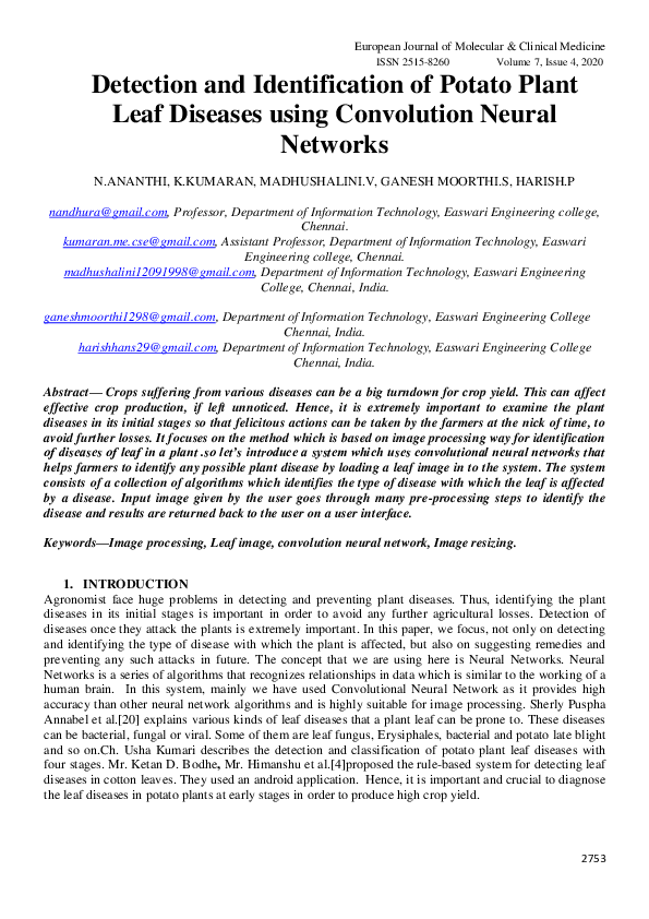 (PDF) Detection and Identification of Potato Plant Leaf Diseases using Convolution Neural Networks