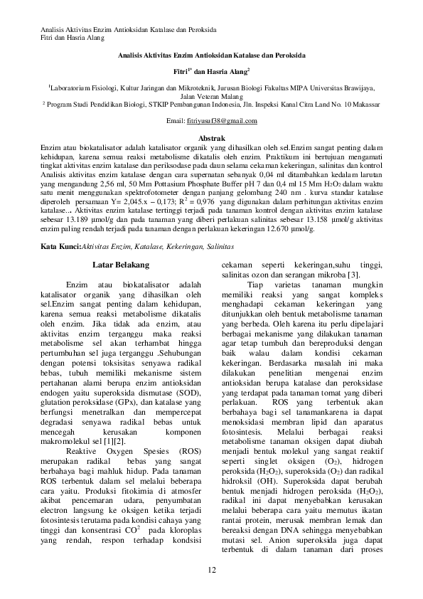 (PDF) Analisis Aktivitas Enzim Antioksidan Katalase dan Peroksida