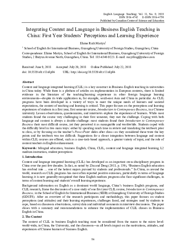 (PDF) Integrating Content and Language in Business English Teaching in China: First Year ...