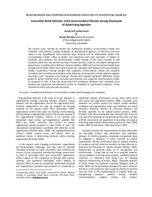 (PDF) Innovative Work Behavior and Communication Climate among ...