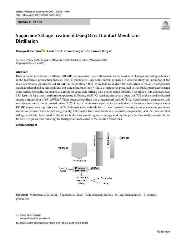 (PDF) Sugarcane Stillage Treatment Using Direct Contact Membrane ...