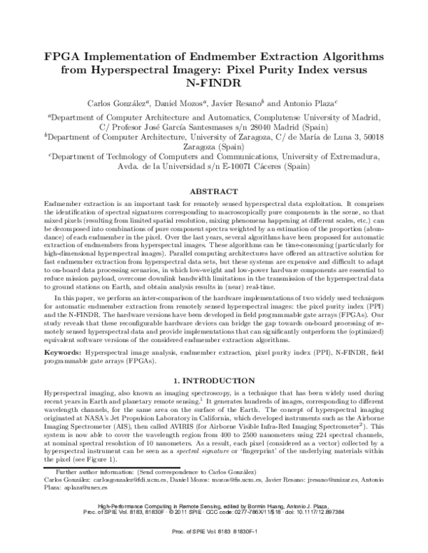 Pdf Fpga Implementation Of Endmember Extraction Algorithms From
